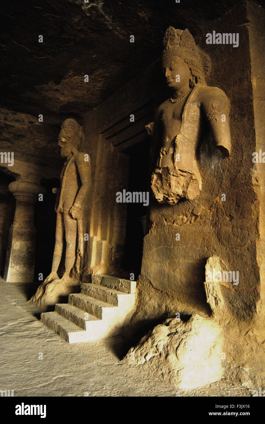 Entrance of shrine with two dwarpals ; Elephanta Caves ; Gharapuri ...