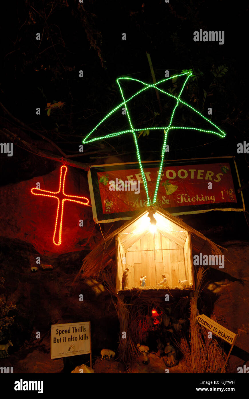 Red crucifix green star garland Electric bulbs nativity scene baby ...