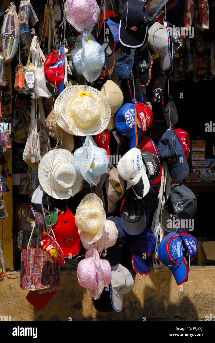 Close up colorful caps typical shop gift articles pilgrimage centre ...