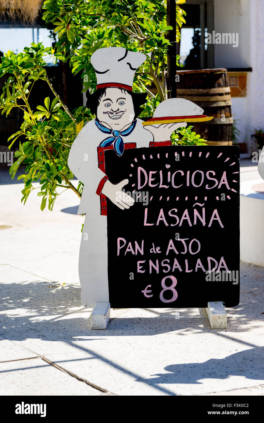A menu board in the Spanish language for a restaurant in Torremolinos ...