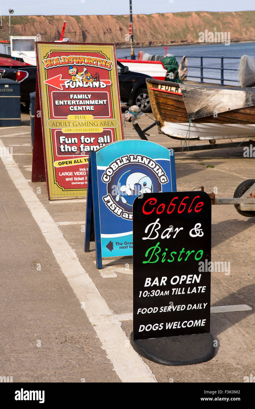UK, England, Yorkshire East Riding, Filey, Coble Landing, signs ...