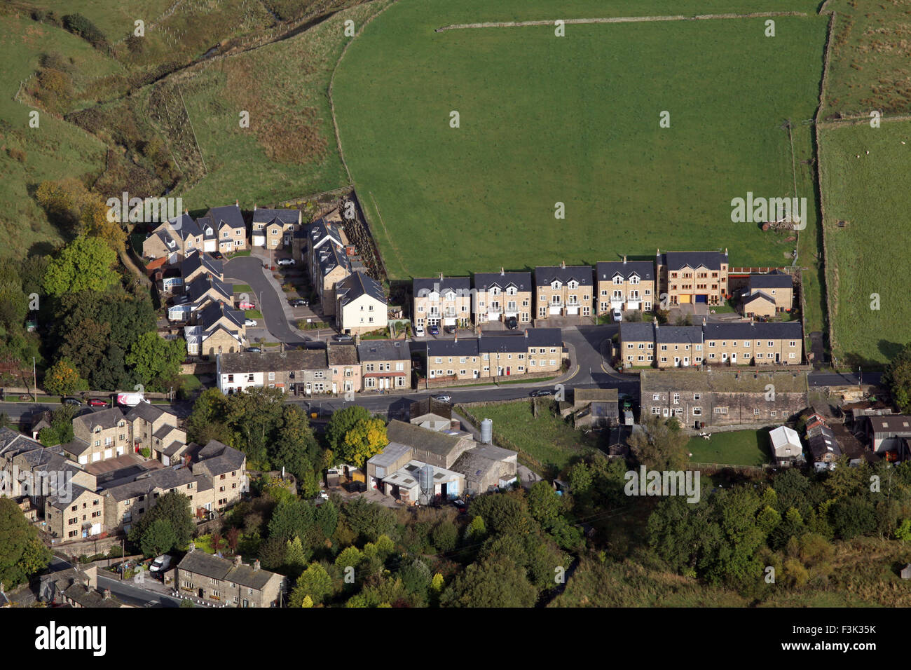 aerial view of new rural affordable housing in a Yorkshire village, UK ...