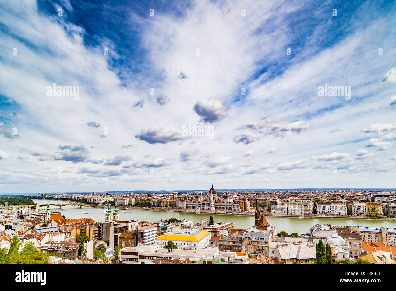 Panorama of the Danube river running through the ancient buildings of ...