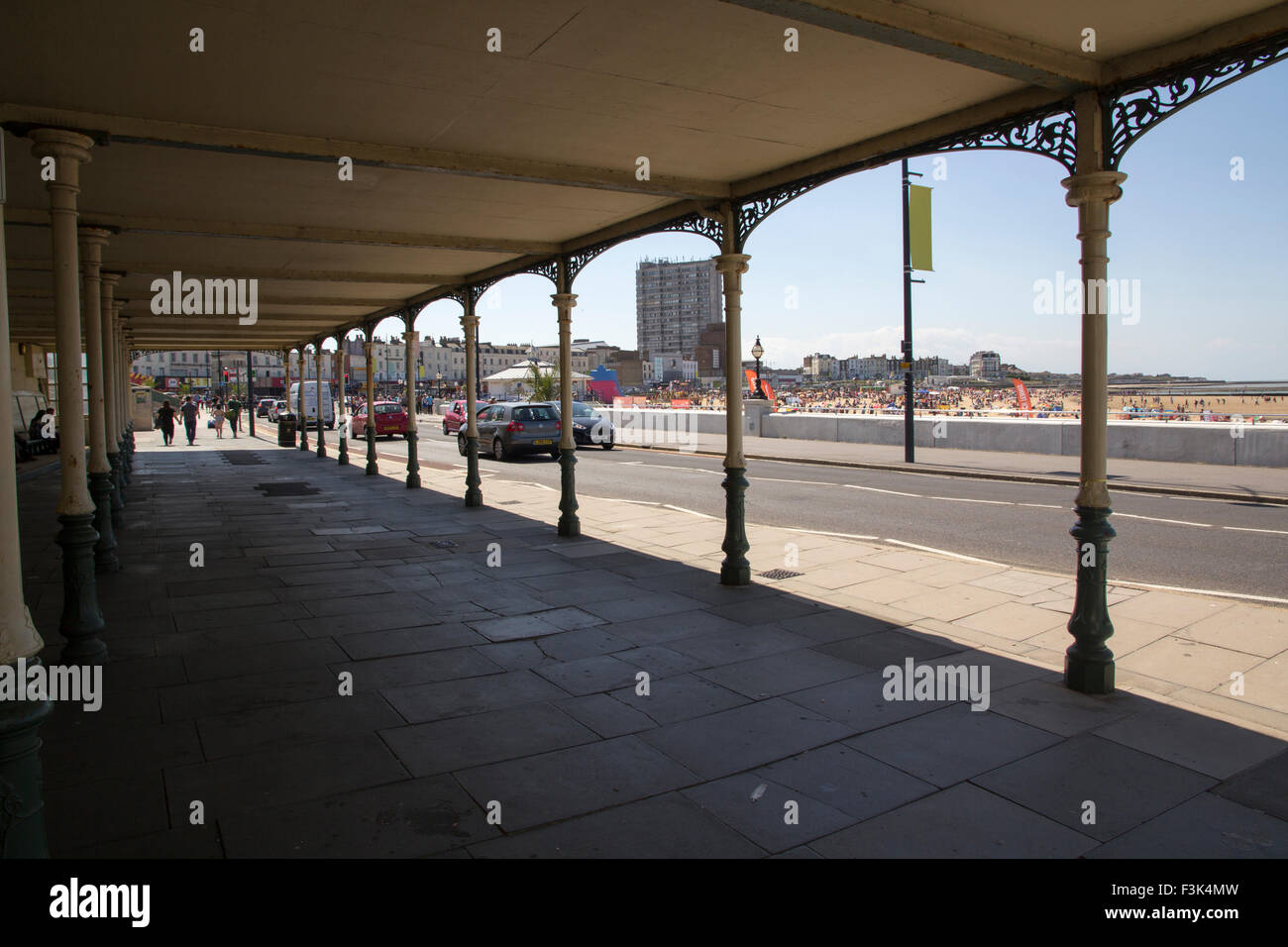 MARGATE, UK-August 8: Visitors on Margate’s beach seen through historic ...