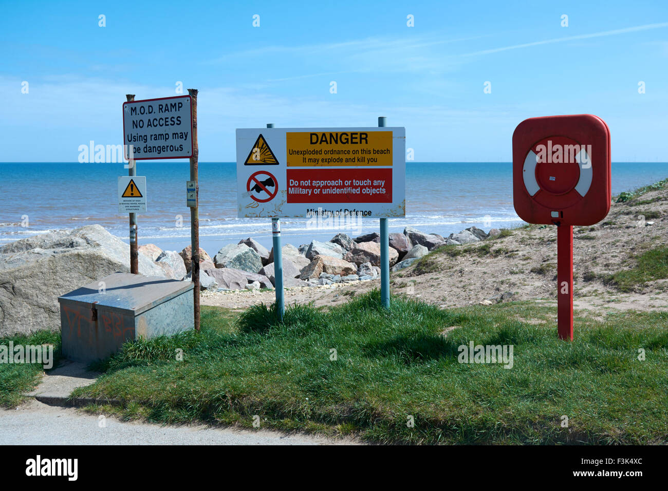 Danger Signs at Mappleton Sands - Yorkshire Coast, England, UK Stock ...