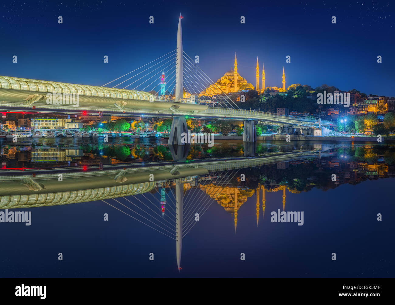 Ataturk bridge, metro bridge and golden horn at night - Istanbul ...