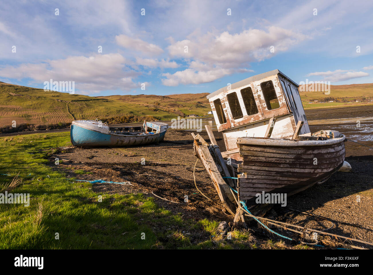 Old blue shipwreck at the coastline on the Isle of Skye in Scotland ...