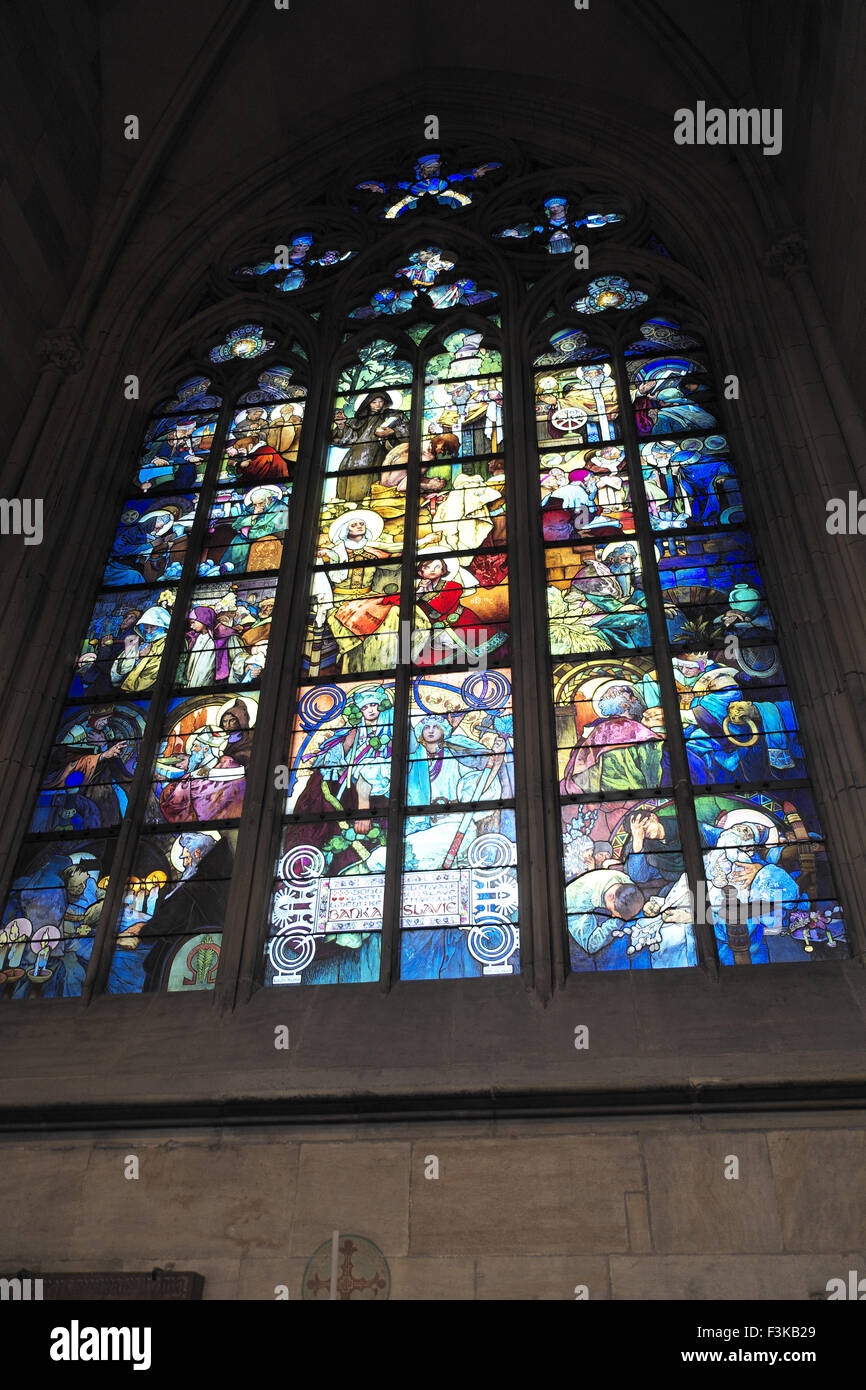 Brightly coloured stained glass art nouveau window by Alphons Mucha and ...