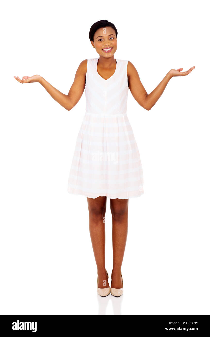 beautiful African woman making do not know sign on white background ...