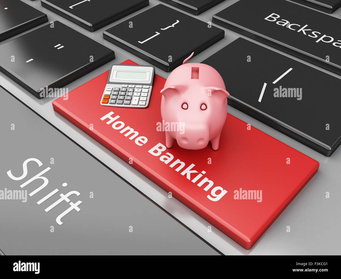 3d renderer image. Piggy bank with Calculator on the computer keyboard ...
