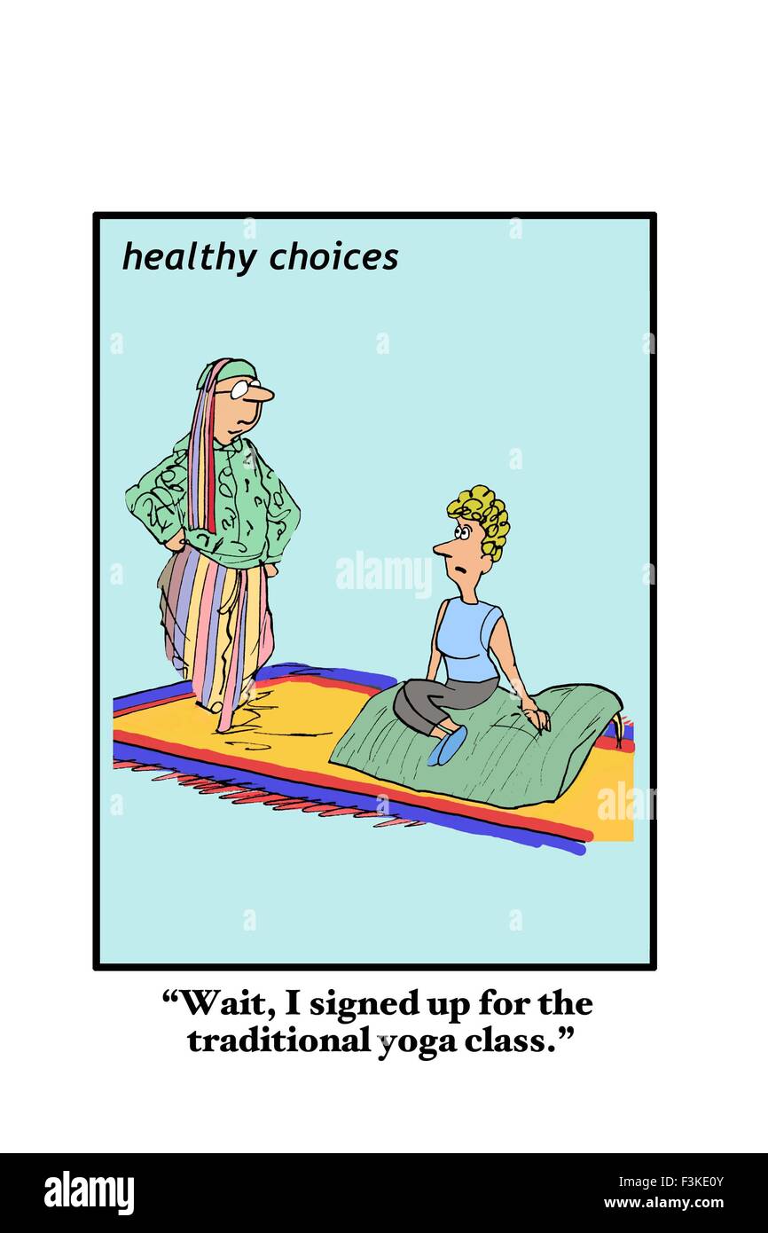 Cartoon illustration showing woman with yoga instructor, 'Wait, I ...