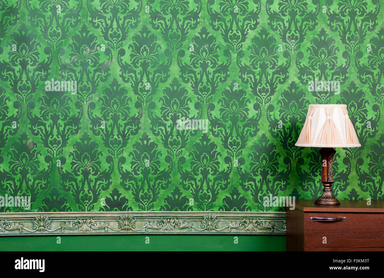 Lamp in vintage green interior with rococo pattern wall Stock Photo - Alamy