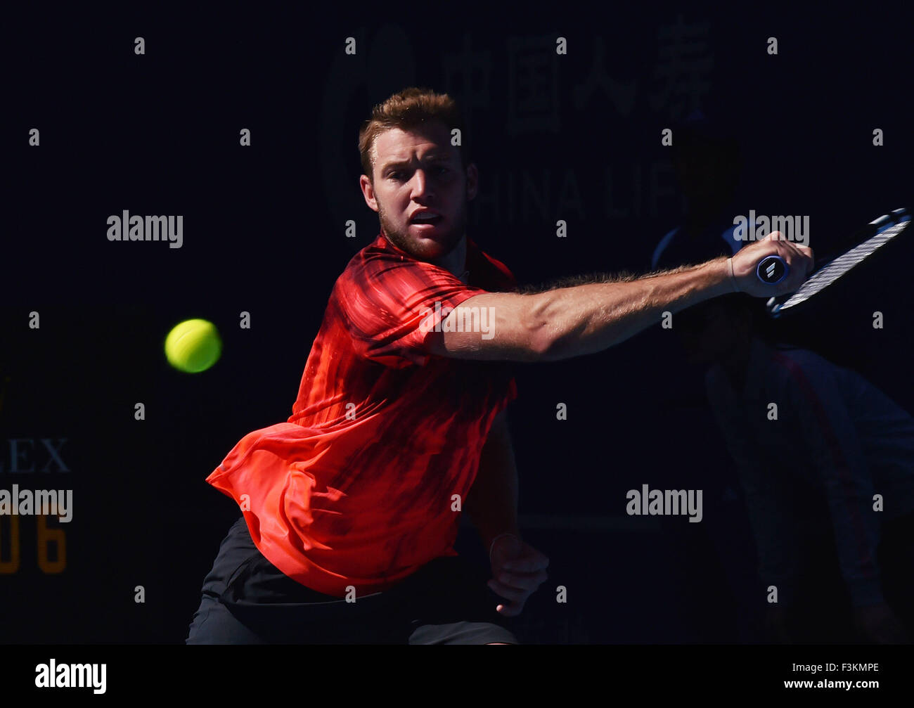 Beijing, China. 9th Oct, 2015. Jack Sock of the United States returns a ...
