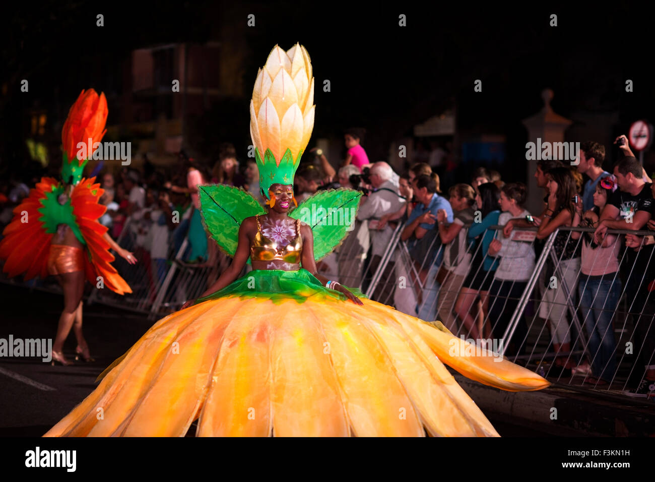 Two female dancers in flower costumes parade down the Cape Carnival ...