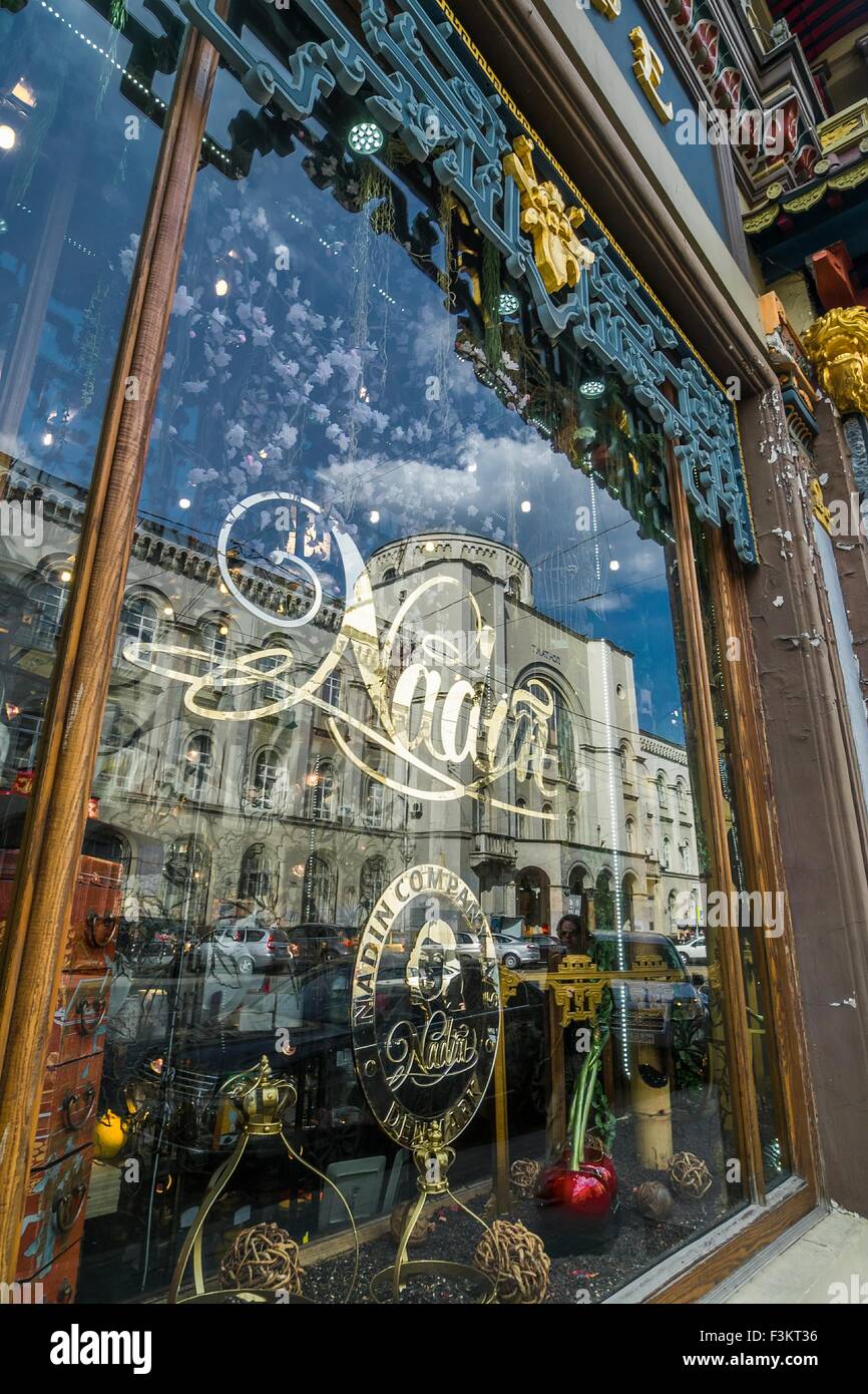 Russia, Moscow. Window of Perlov House (tea shop) on Myasnitskaya ...