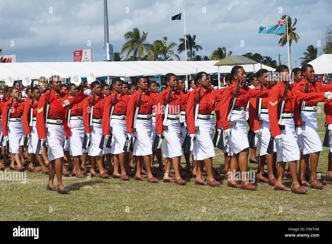 Suva, Fiji. 9th October, 2015. Soldiers march during a military parade ...