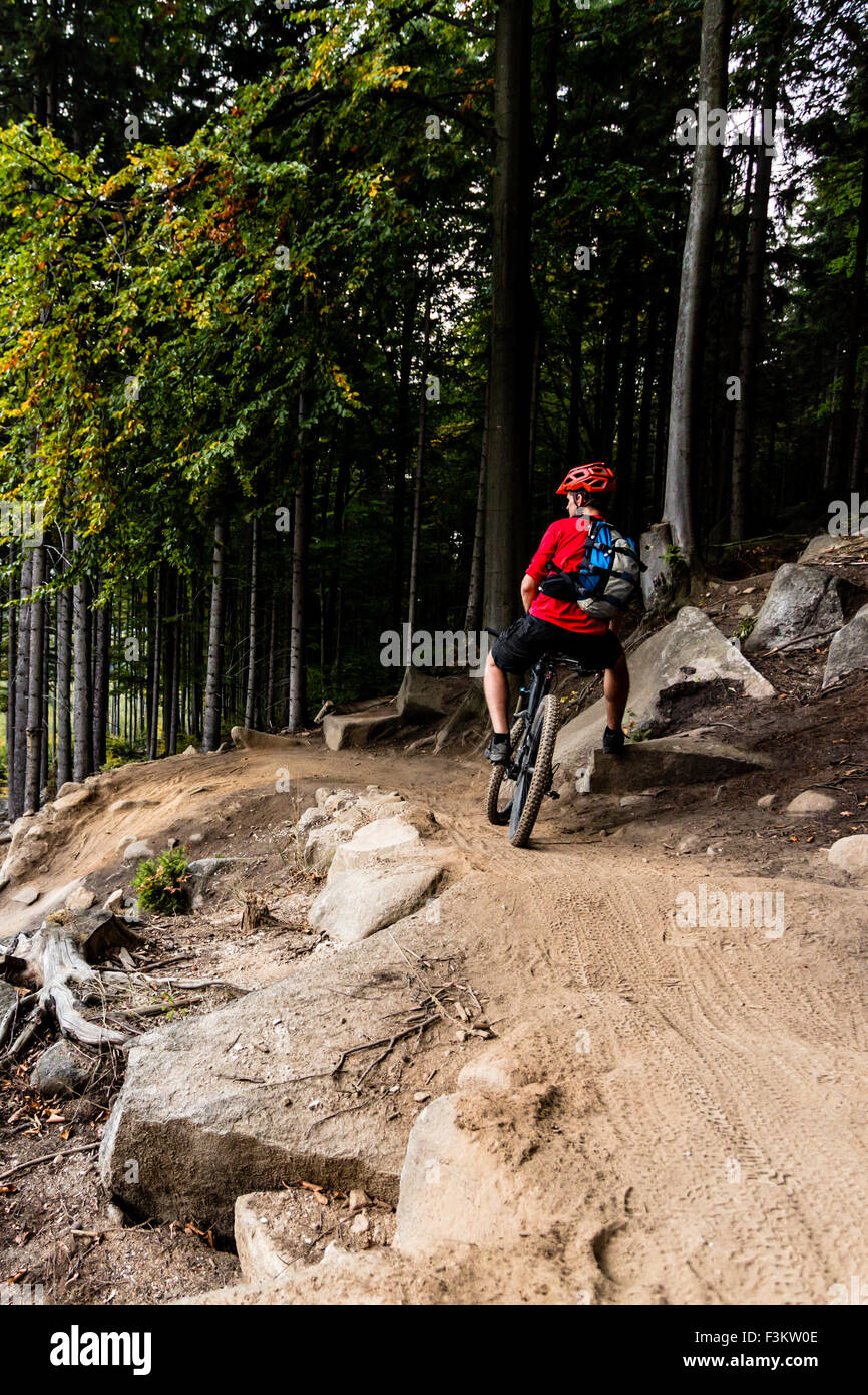 Mountain biker riding on bike in autumn inspirational mountains ...
