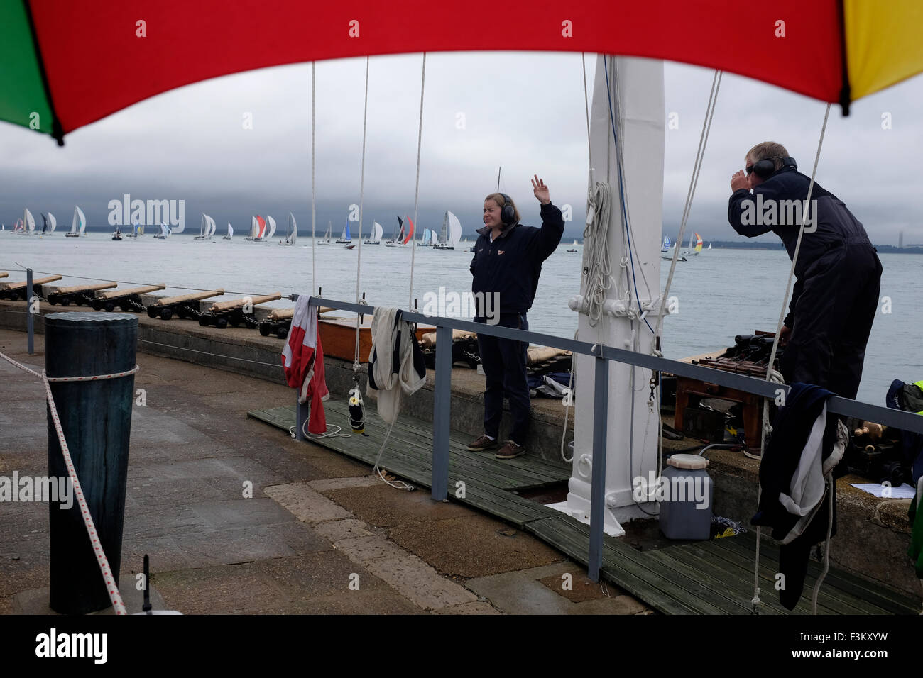 Cowes Week, 2015, Isle of Wight flag officers signal for the firing of ...