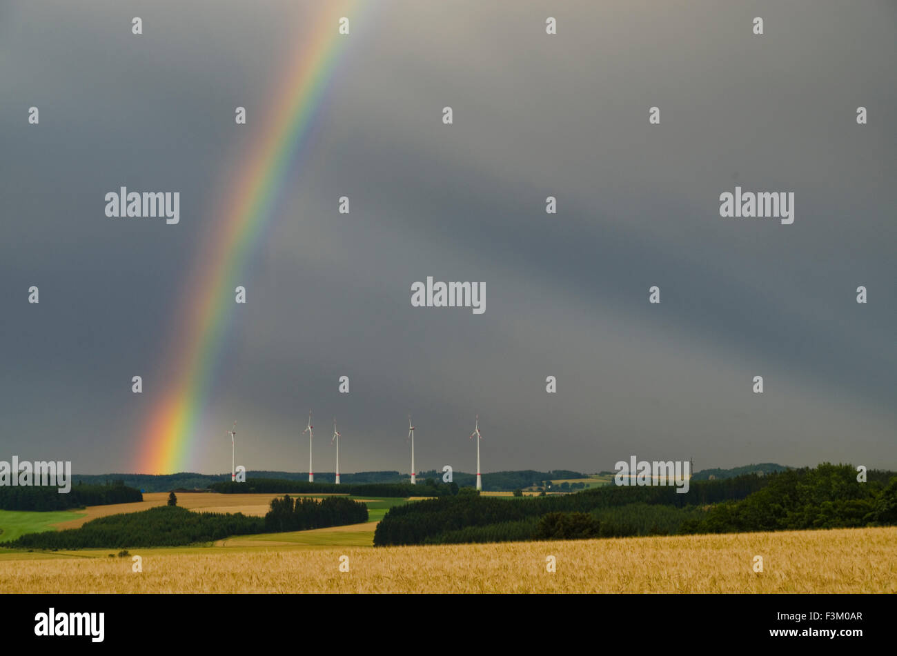 Wind power plants behind a grainfield with dark cloudy sky and rainbow ...