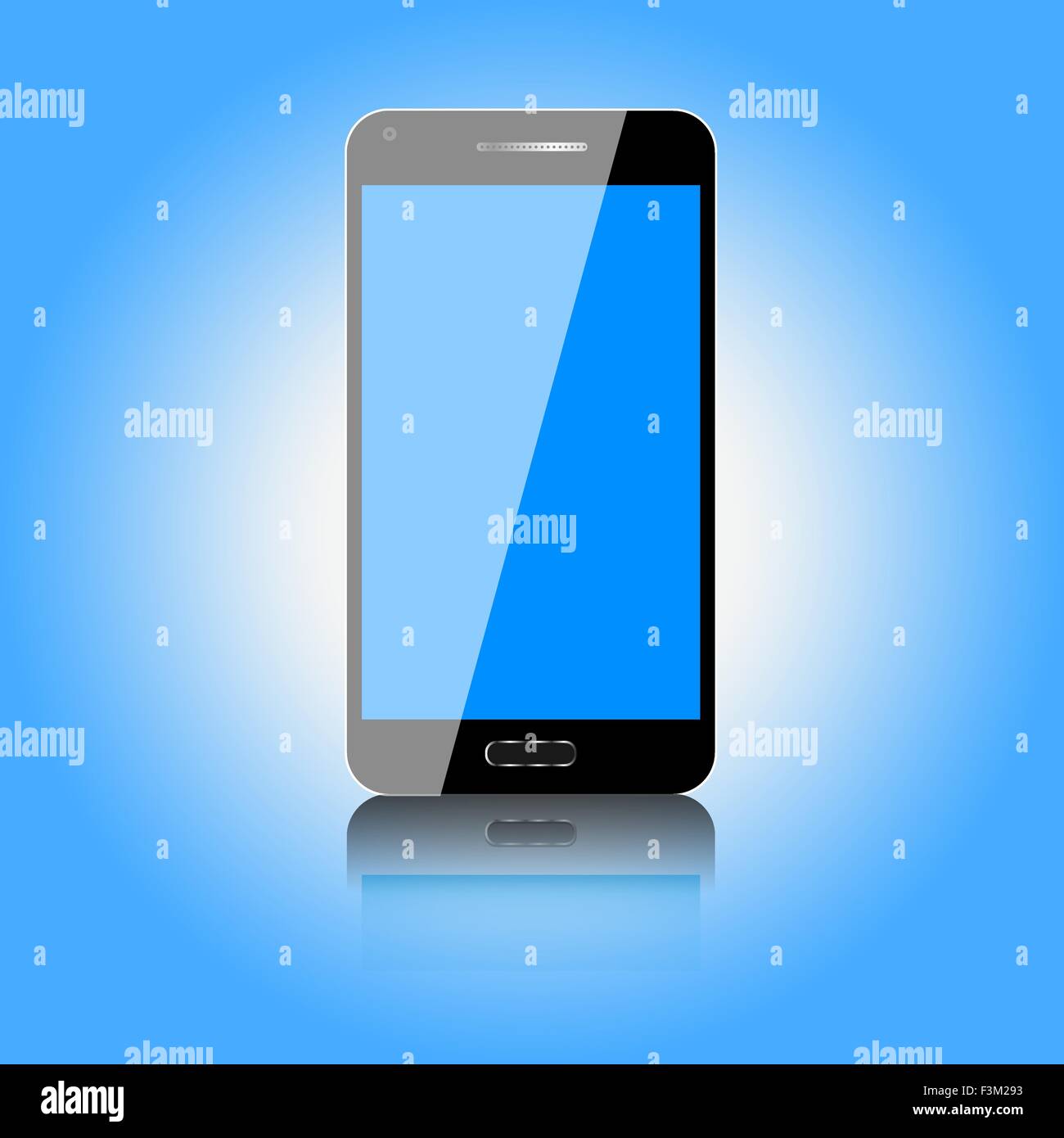 Black mobile phone with shiny blue screen on a shiny blue background ...