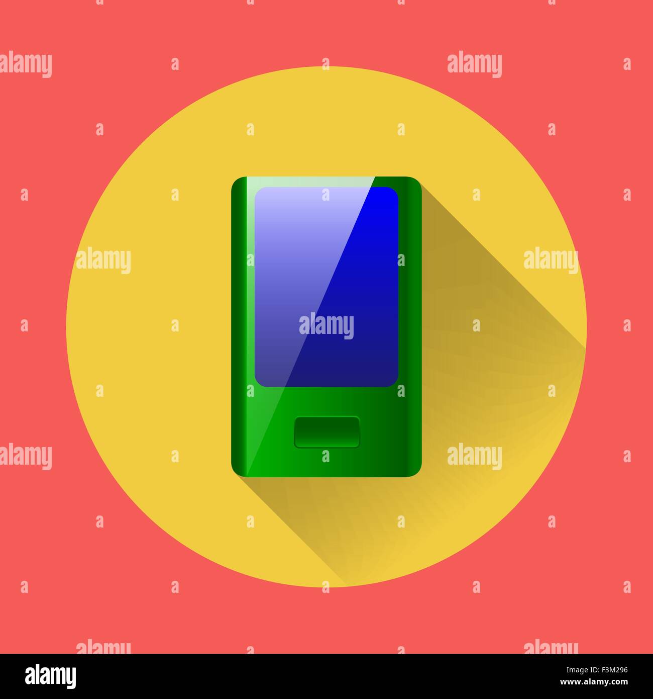 Green mp3 player icon with yellow round and red background, longshadow ...