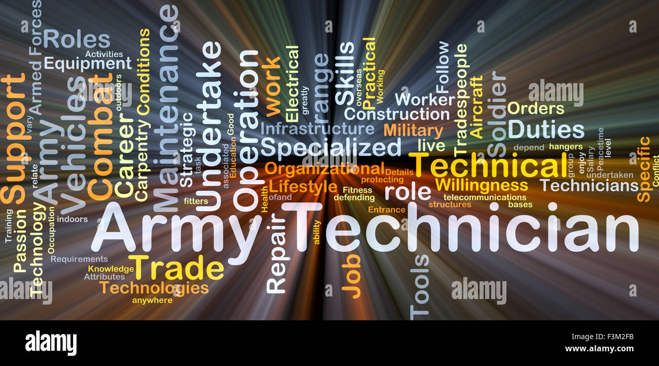 Background concept wordcloud illustration of army technician glowing ...