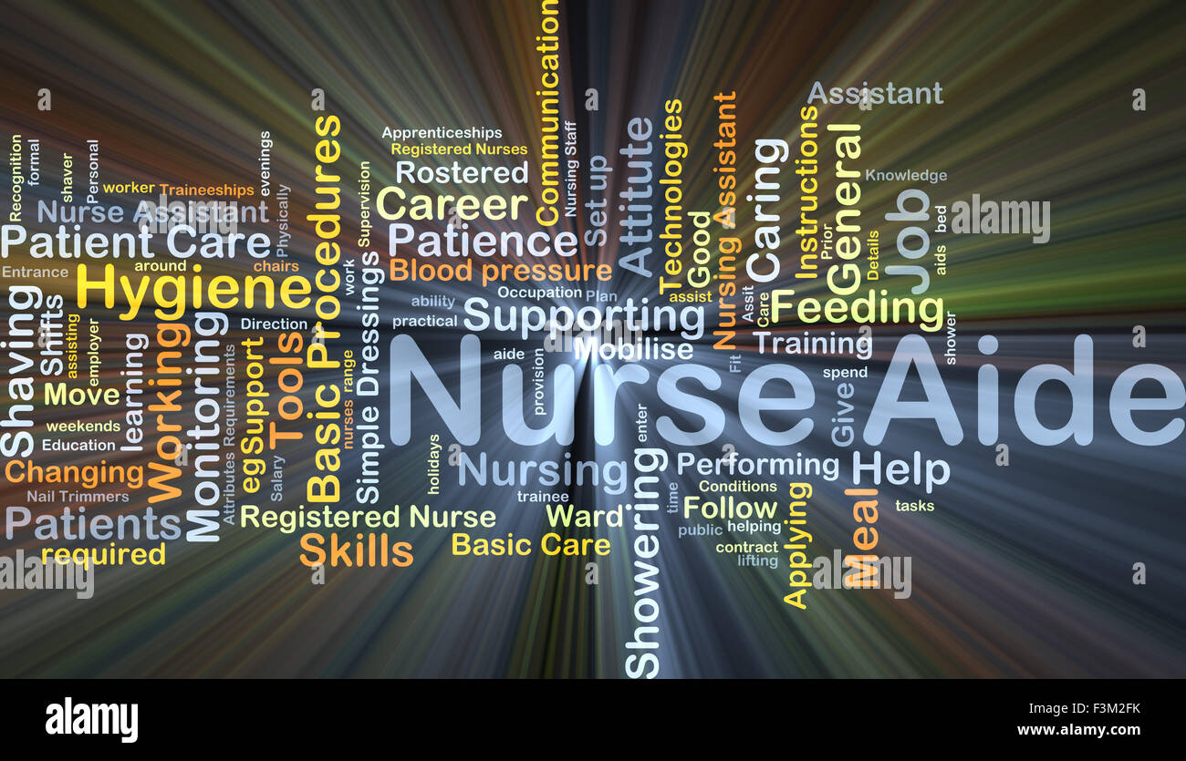 Background concept wordcloud illustration of nurse aide glowing light ...