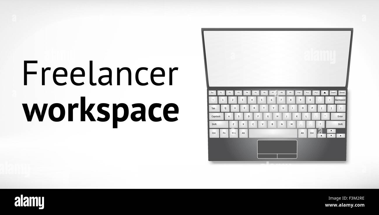 Freelancer workspace banner template with laptop, white background ...