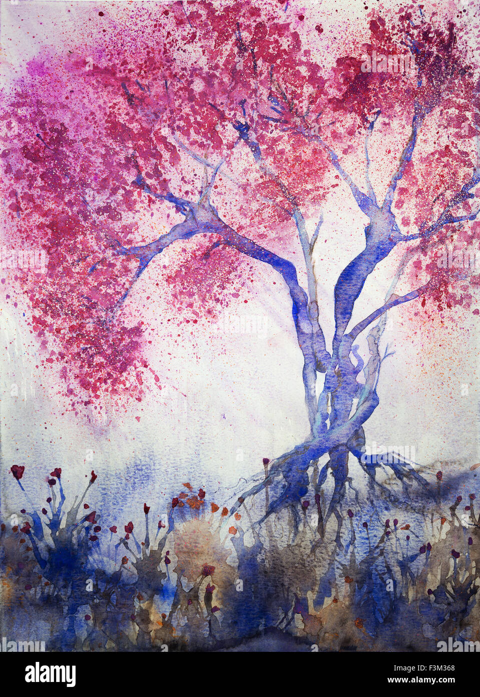 Tree with cherry blossoms in the evening. The dabbing technique gives a ...