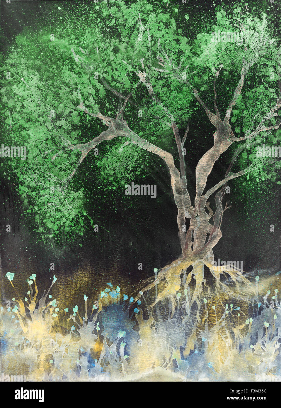 Tree with green leaves at night. The dabbing technique gives a soft ...