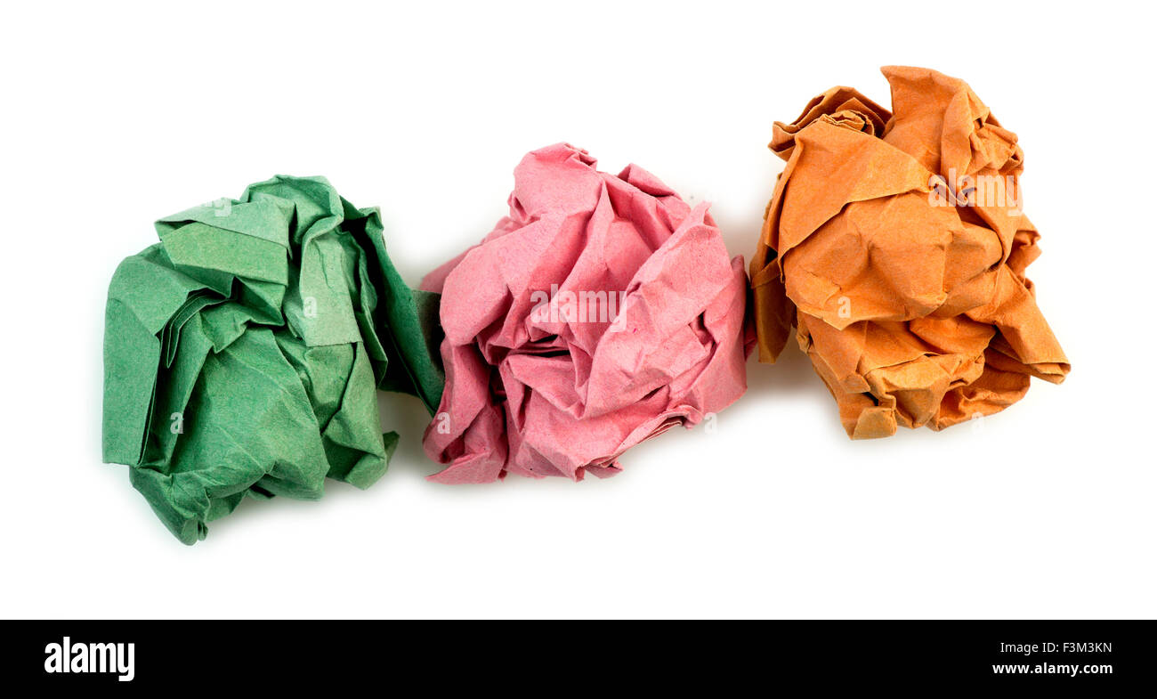 Crumpled balls of multi-colored bright paper isolated on white Stock ...