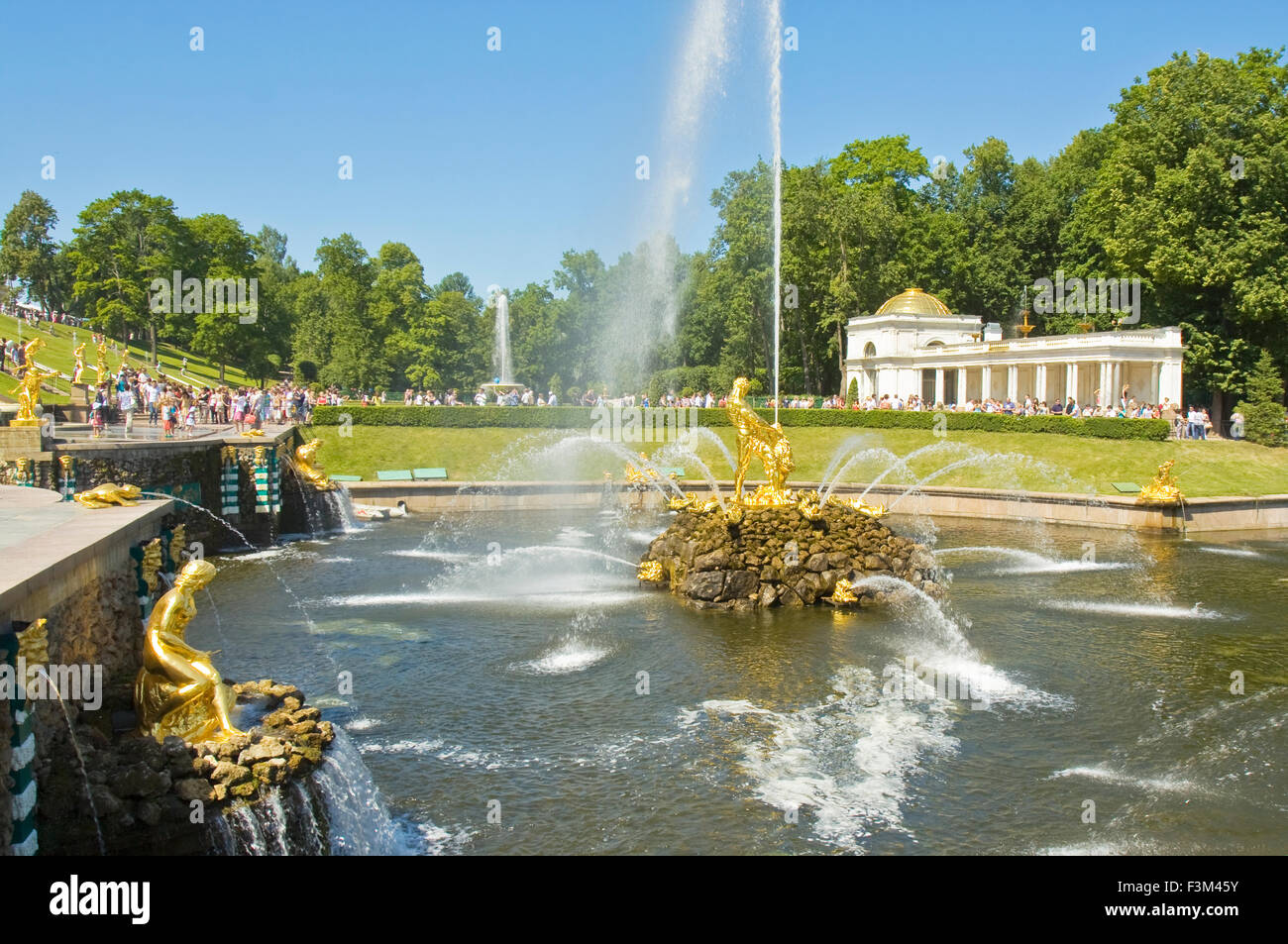 Peterhof, Russia - July 06, 2012: fountain Samson with lion in park ...