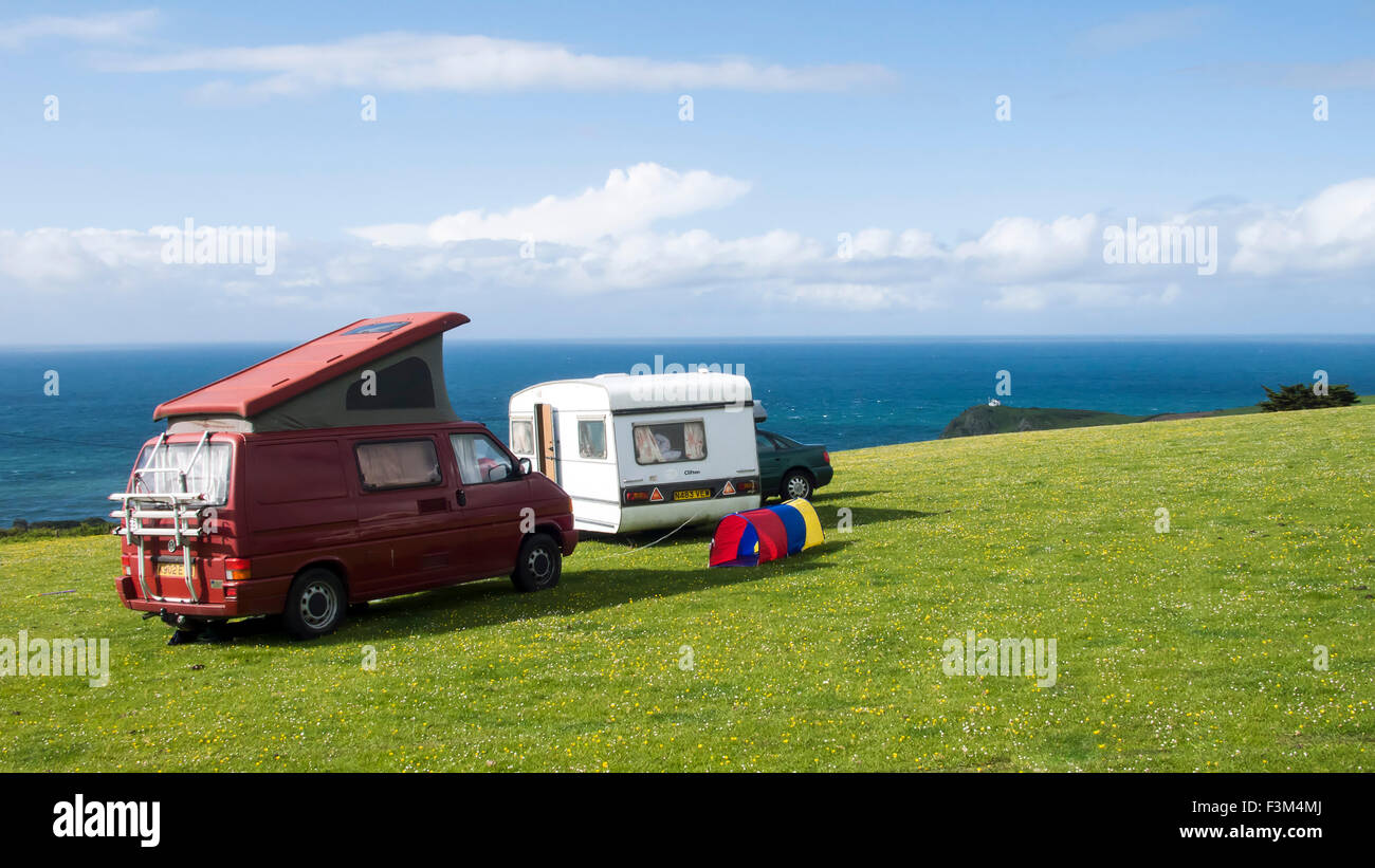 Caravan and camper van in camping field, South Devon Stock Photo - Alamy