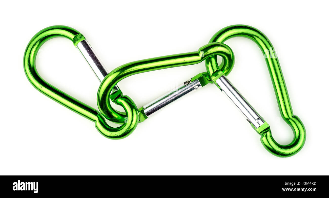 Three interlocked green carabiner clasps for mountain climbing Stock ...