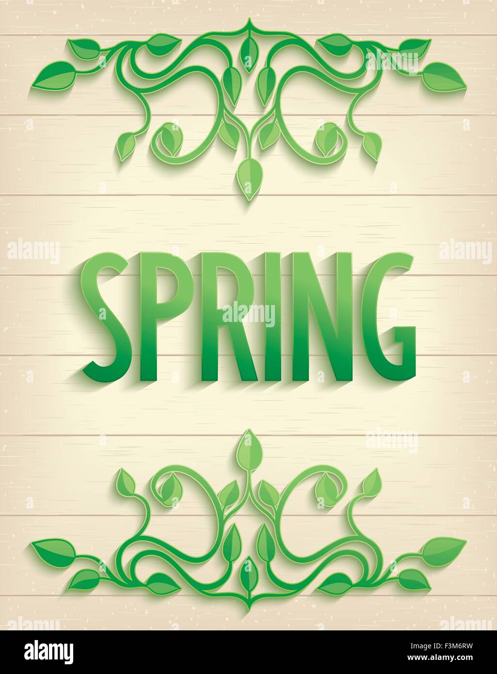 Lettering "spring" with leaves over wood background. Vector ...