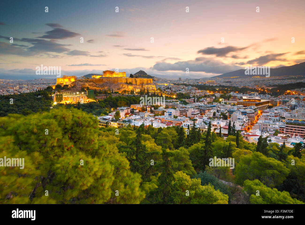 Morning view of Acropolis from Filopappou hill in centre of Athens ...