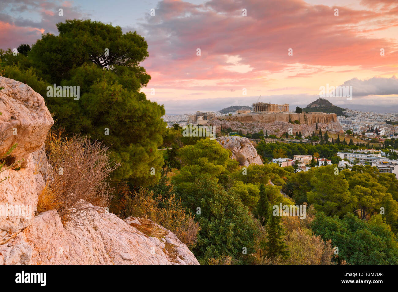 Morning view of Acropolis from Filopappou hill in centre of Athens ...