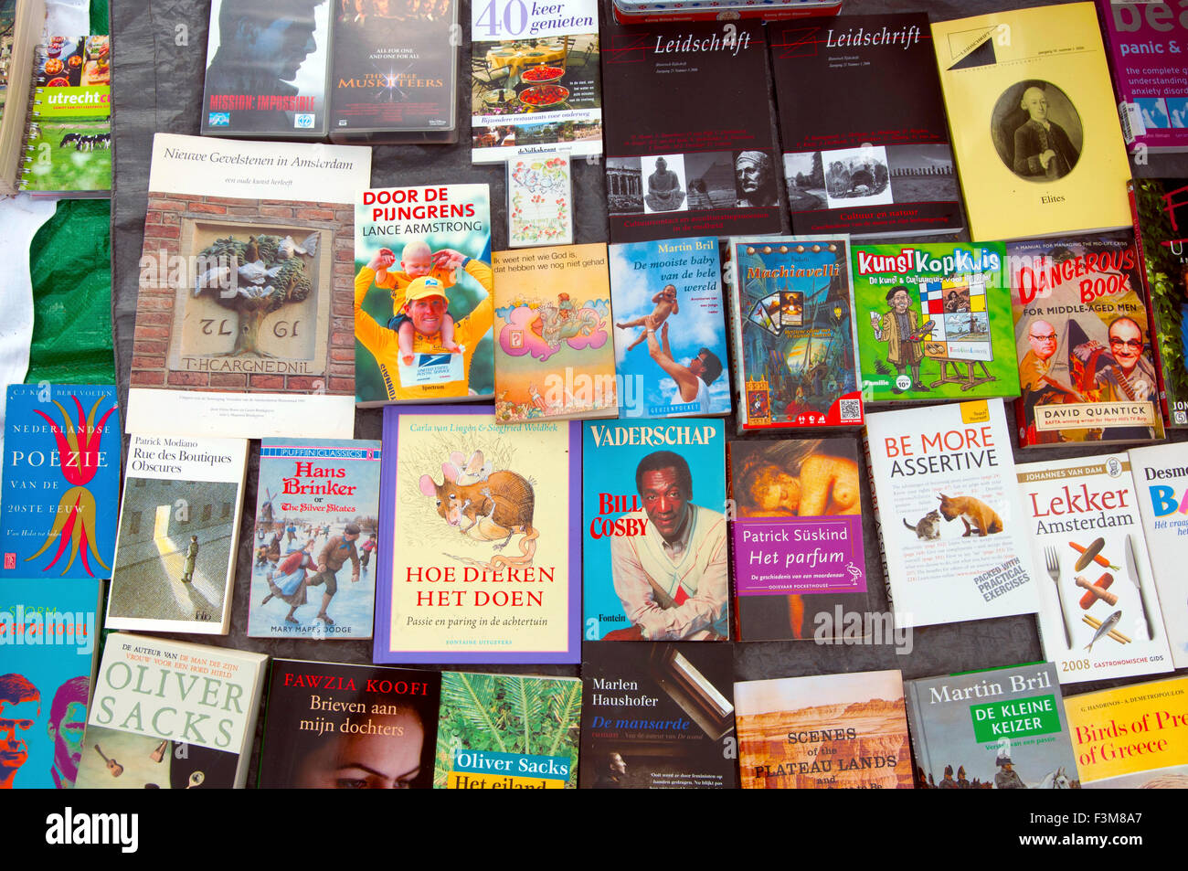 Assorted items in close up at flea market Kings Day The Netherlands ...