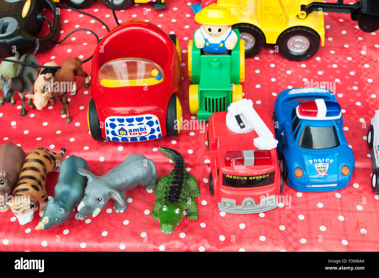 Assorted items in close up at flea market Kings Day The Netherlands ...