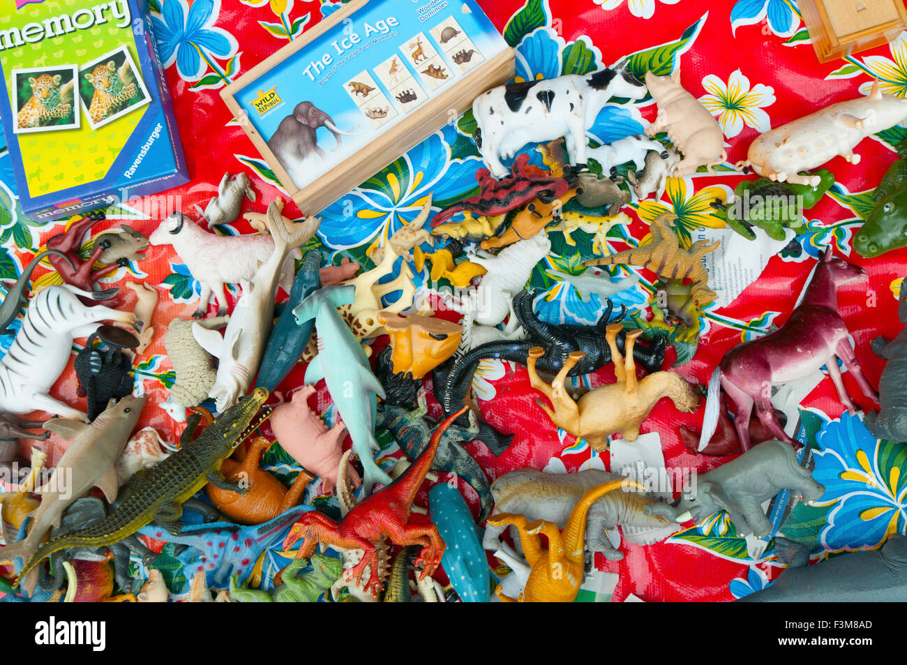 Assorted items in close up at flea market Kings Day The Netherlands ...