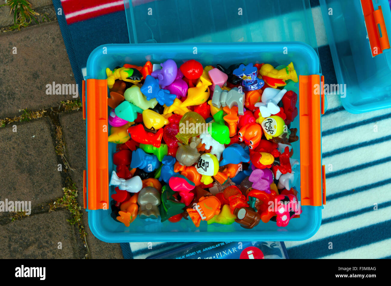 Assorted items in close up at flea market Kings Day The Netherlands ...