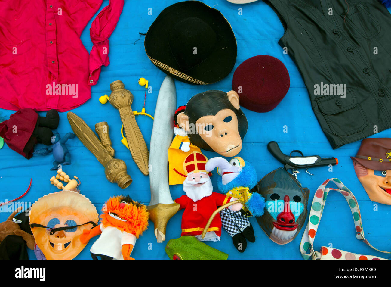 Assorted items in close up at flea market Kings Day The Netherlands ...