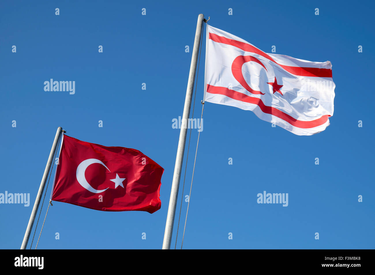 North Cypriot and Turkish flags flying side by side against a blue ...