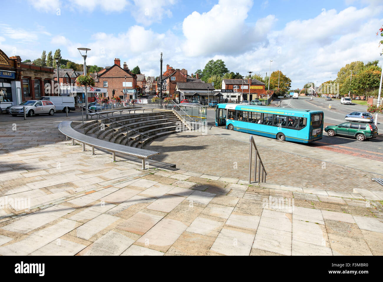 curved steps and railings at a bus stop in the town centre at ...