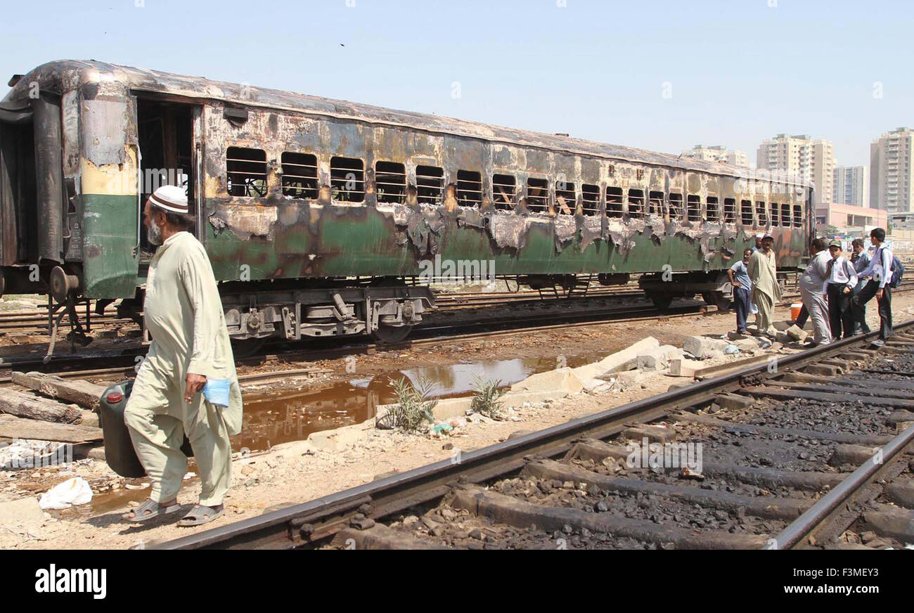 View of burnt train compartment on which fire ablaze due to unknown ...