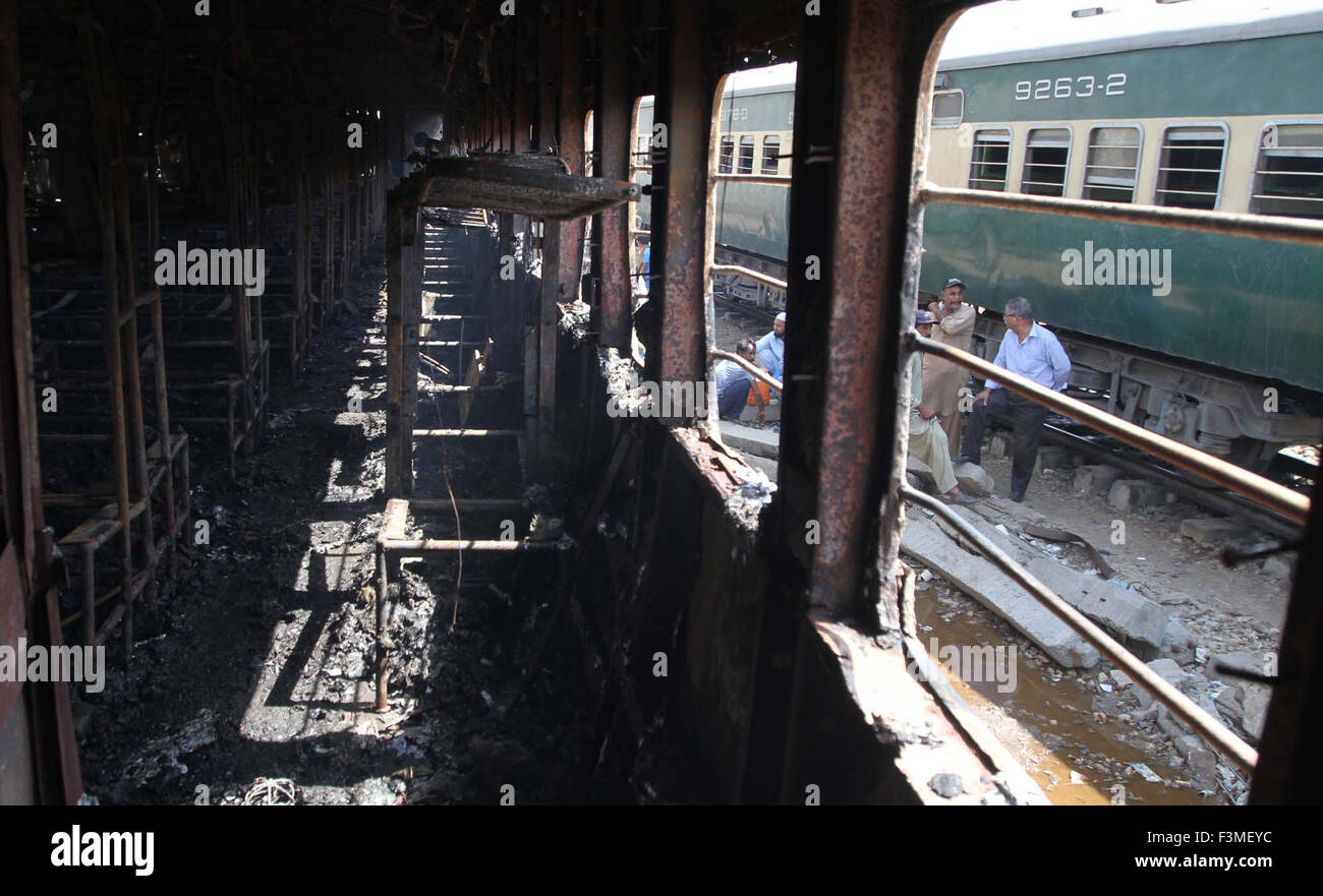 View of burnt train compartment on which fire ablaze due to unknown ...