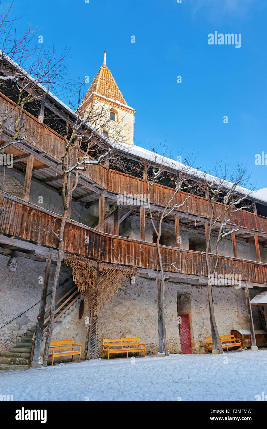 Outer protective wall (rampart) of the medieval castle of Gruyeres in ...