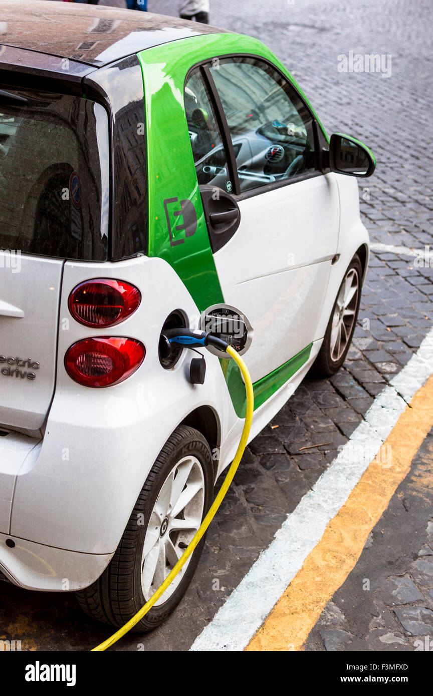 Rome, Italy - August 7, 2015: Smart Fortwo electric vehicle connected ...