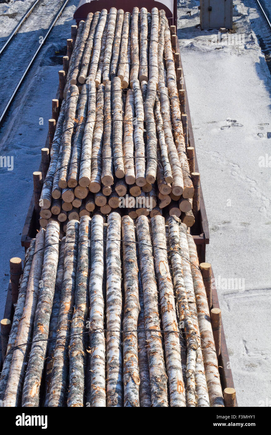 Cargo of wood of a birch in railway cars Stock Photo - Alamy
