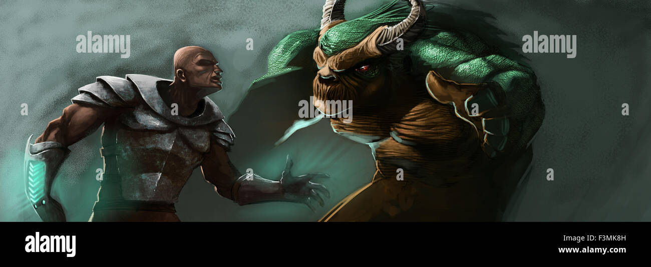 a warrior human meeting a big green monster Stock Photo - Alamy